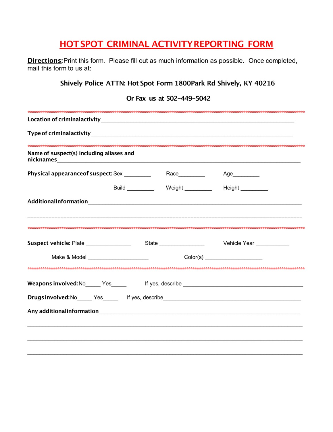 Forms – Shively Police Department