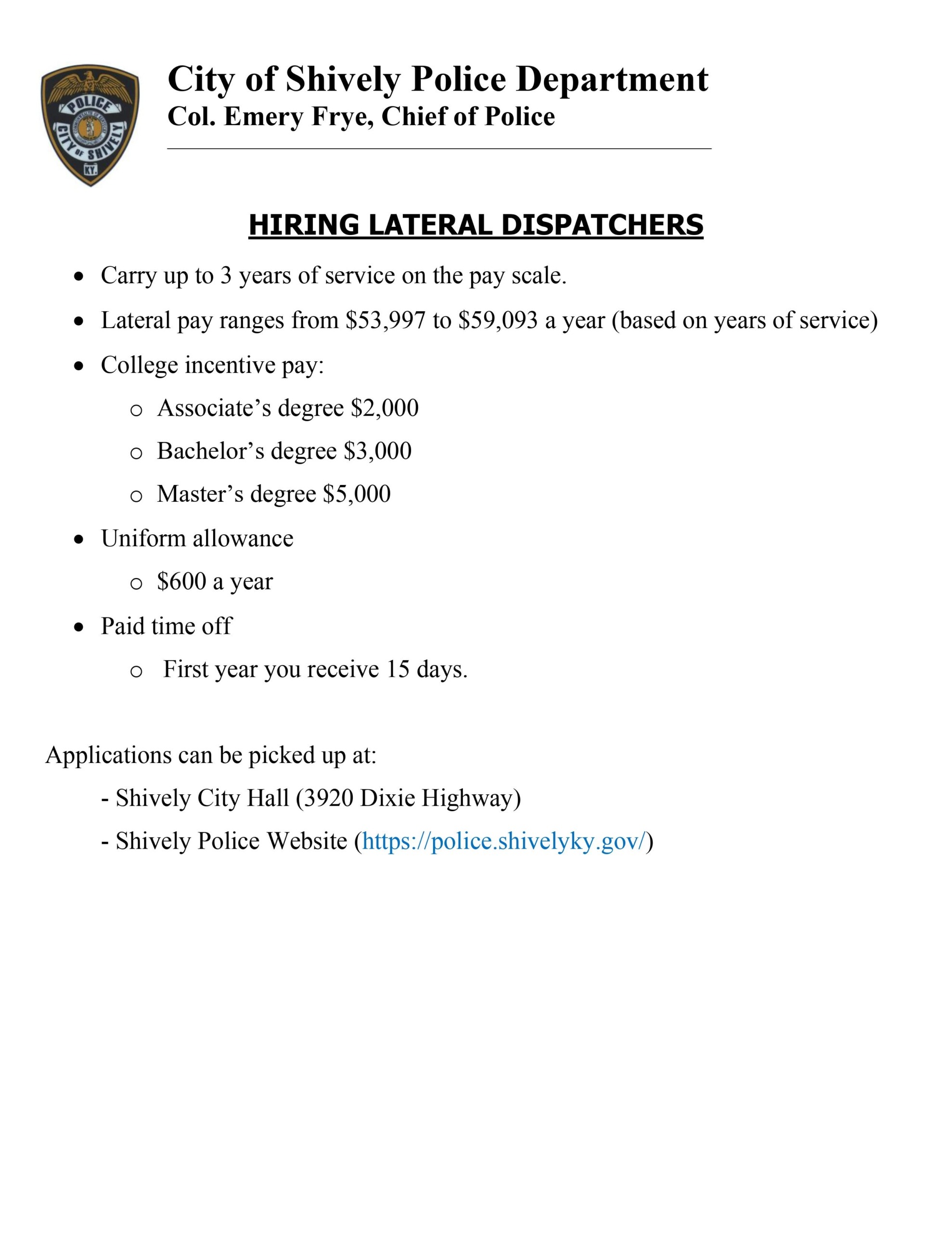 Shively Police Department – Colonel Emery Frye