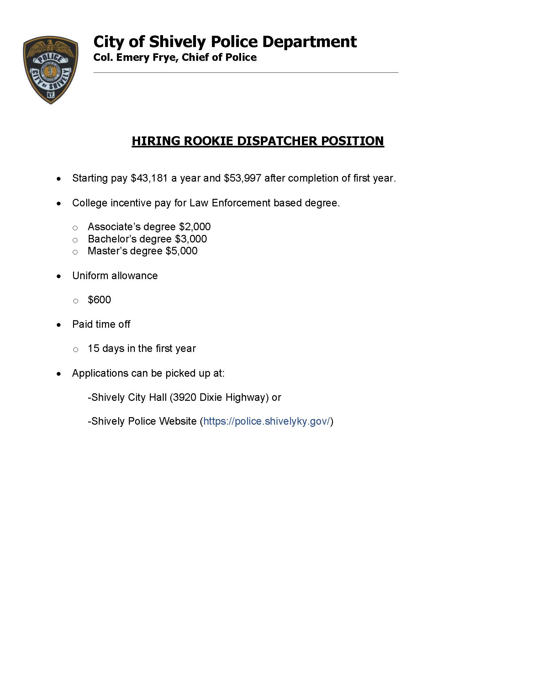 Shively Police Department – Colonel Emery Frye